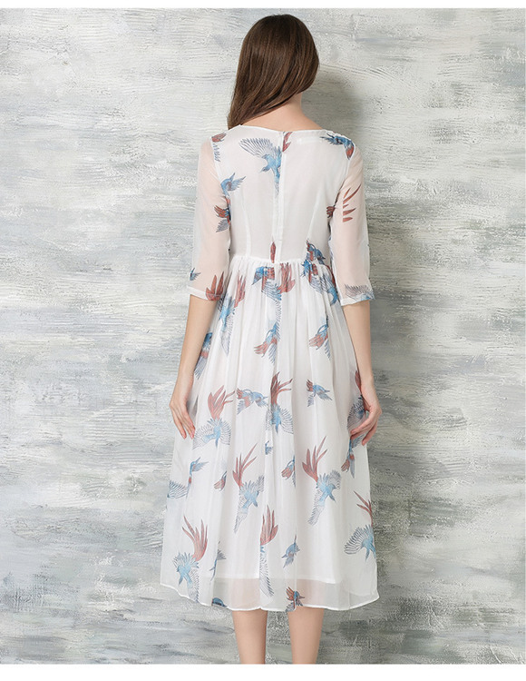 Bird Print White Chiffon Midi Dress on Luulla